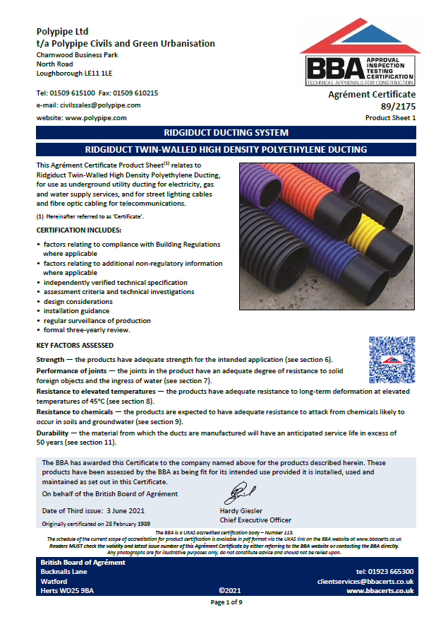 Rigiduct BBA Certificate | Polypipe