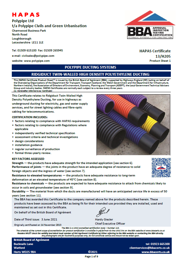 BBA Rigiduct HAPAS Certificate | Polypipe