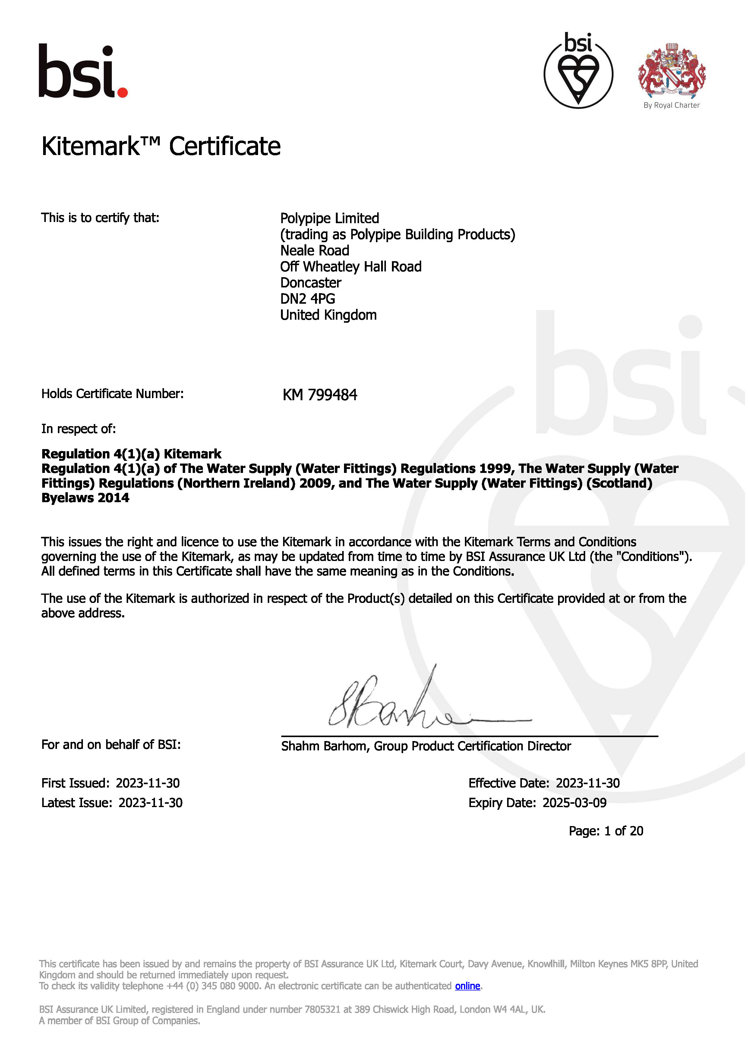 [CERTIFICATE] REG4 - KM 799484 | Polypipe