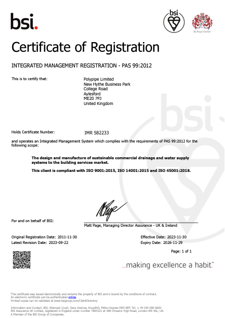 PAS 99 Integrated Management System (Integration of above 3) | Polypipe