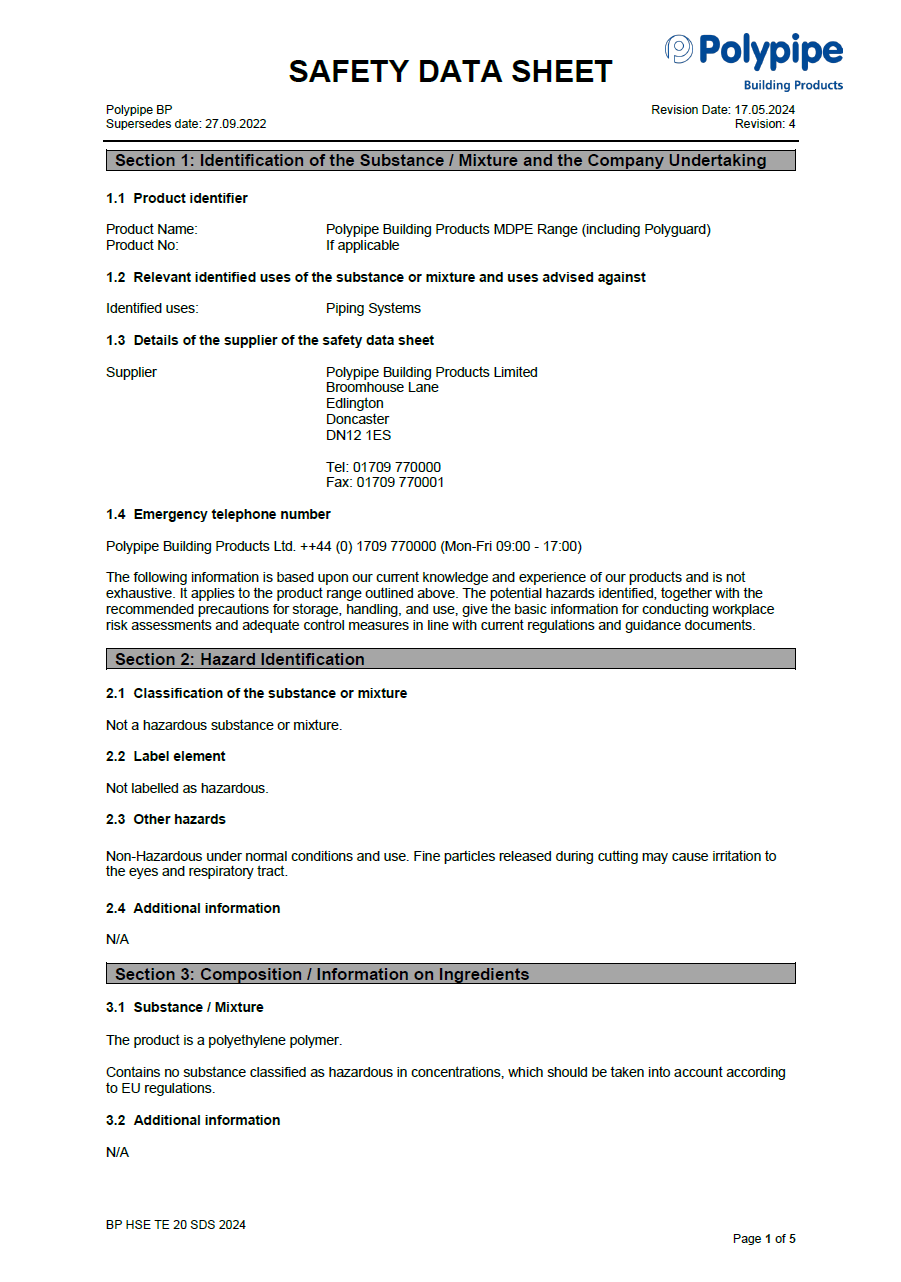 [MSDS] Polypipe Polyguard MDPE PE80 Pipe | Polypipe