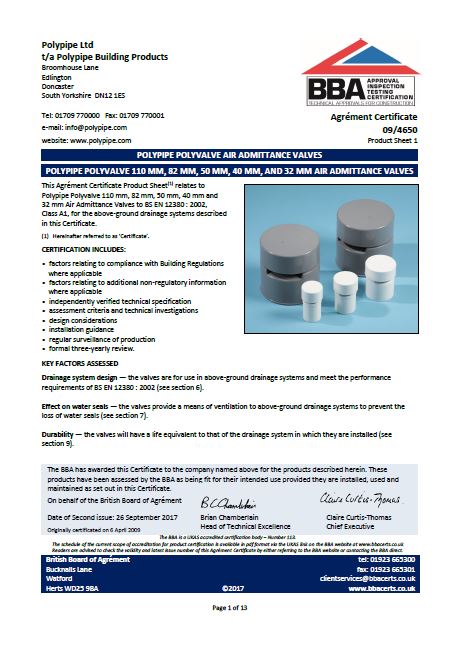 BBA 09/4650 Air Admittance Valves | Polypipe