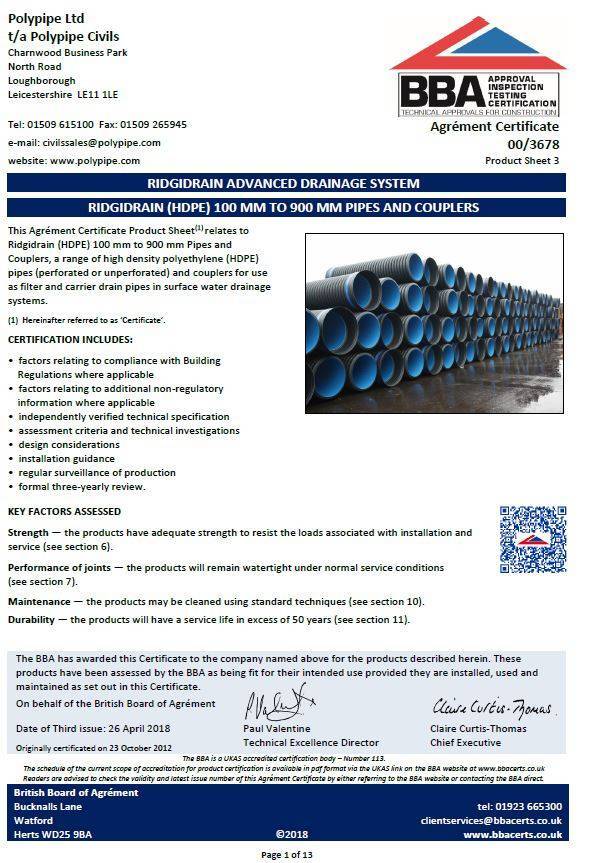 Ridgidrain 100-900mm Pipes & Couplers BBA Certificate | Polypipe