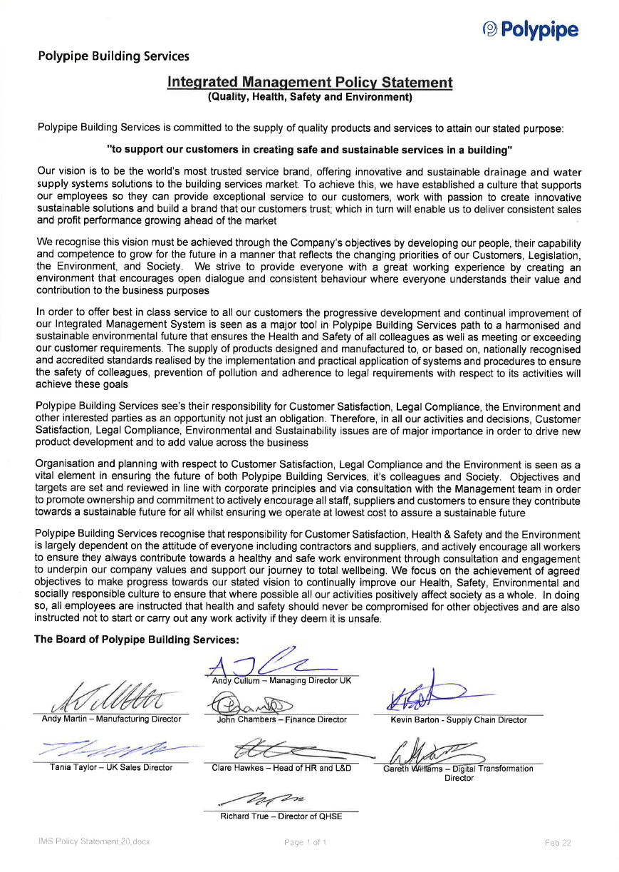 Integrated Management Policy Statement | Polypipe