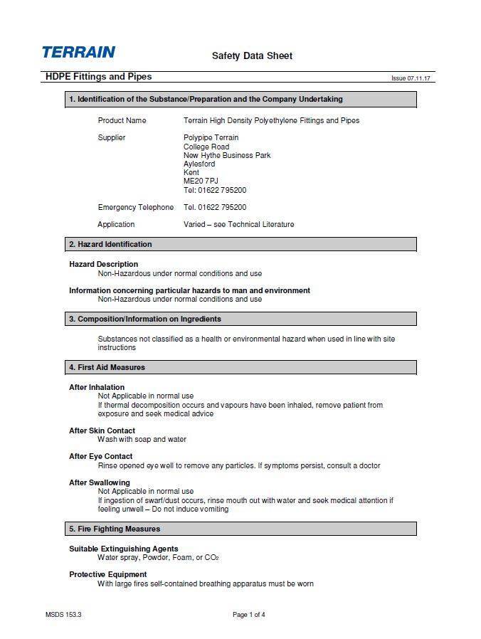Terrain HDPE Pipe and Fittings Safety Data Sheet | Polypipe