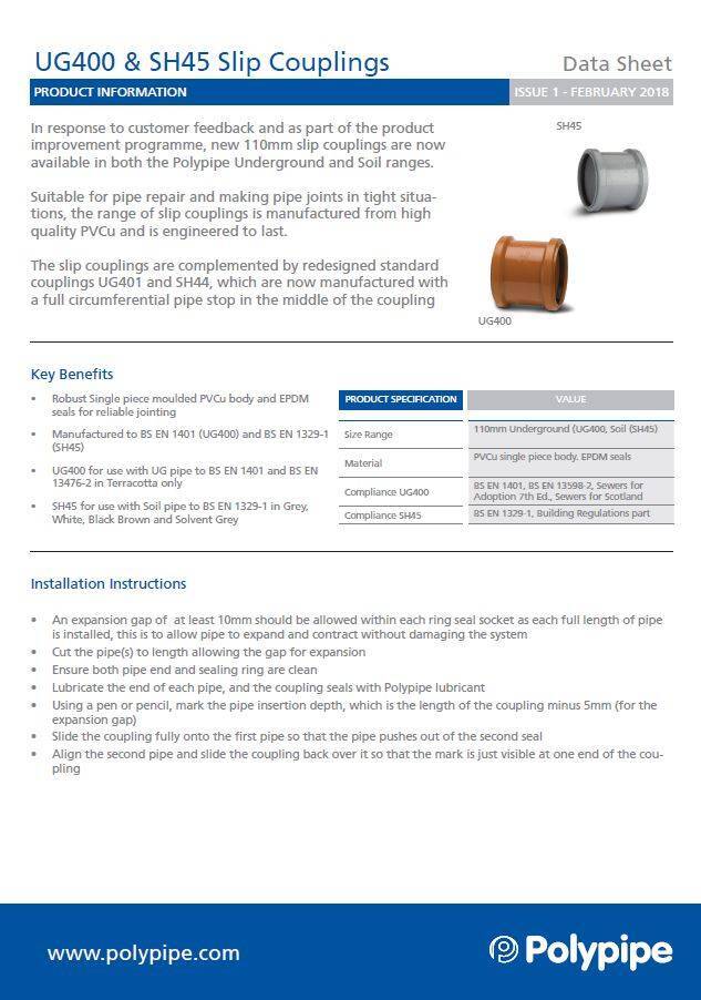 [DATA SHEET] UG400 - SH45 Slip Couplings | Polypipe