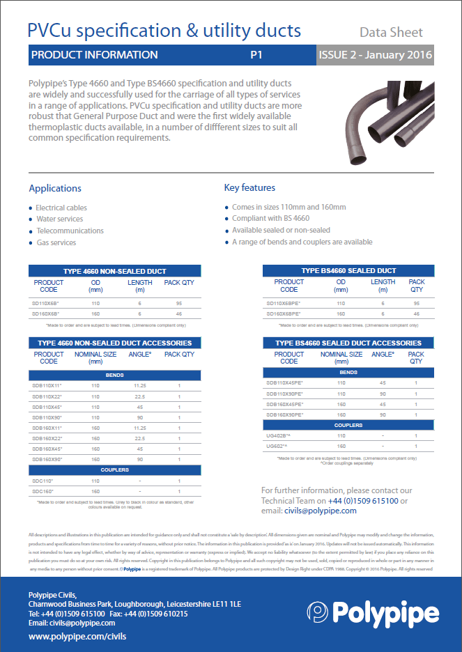 PVCu Specification and Utility Ducts Datasheet | Polypipe