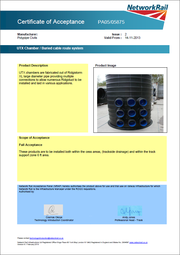 UTX Chamber Network Rail PADS Approval Certificate | Polypipe